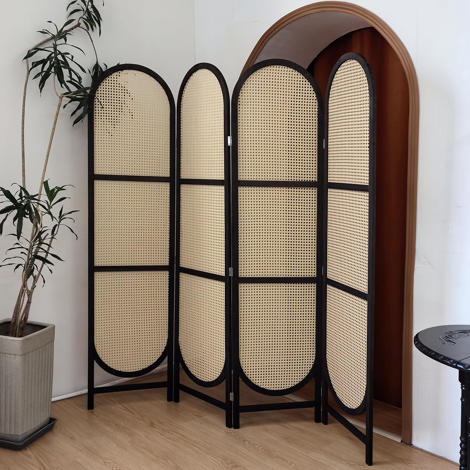 Furnnylane 4 Panel Room Divider Screen and Folding Room Divider Panel in Arch Shape,Double Sided Rattan Room Divider for Room Separation,70.9" H x 70.9" W