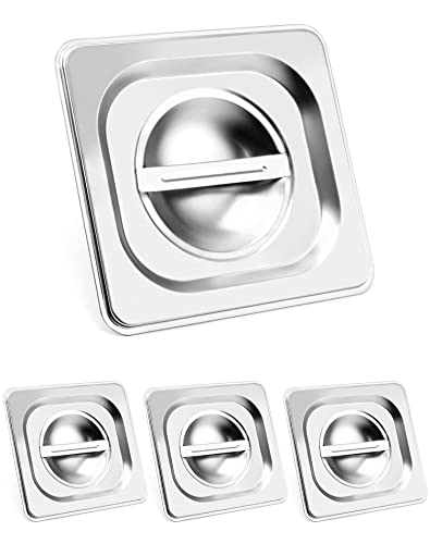 QWORK Solid Pan Lid with Handle, 4 Pack Stainless Steel Steam Table Pan Cover for 1/6 Size Steam Pans
