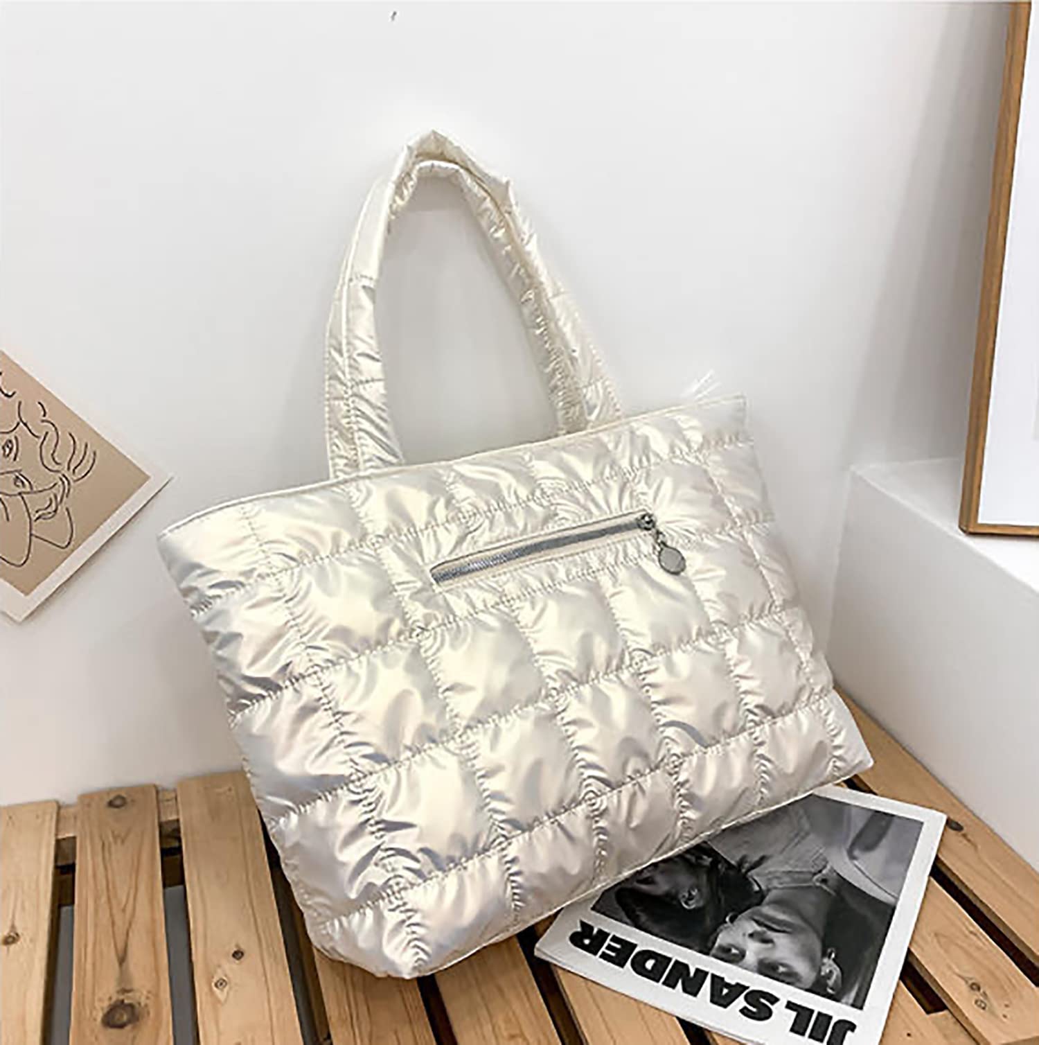 Qvenou Large Puffer Tote Bag for Women Lightweight Quilted Handbag Down Cotton Padded Shoulder Bag Large Capacity Down Padding Tote Bag-Off-white