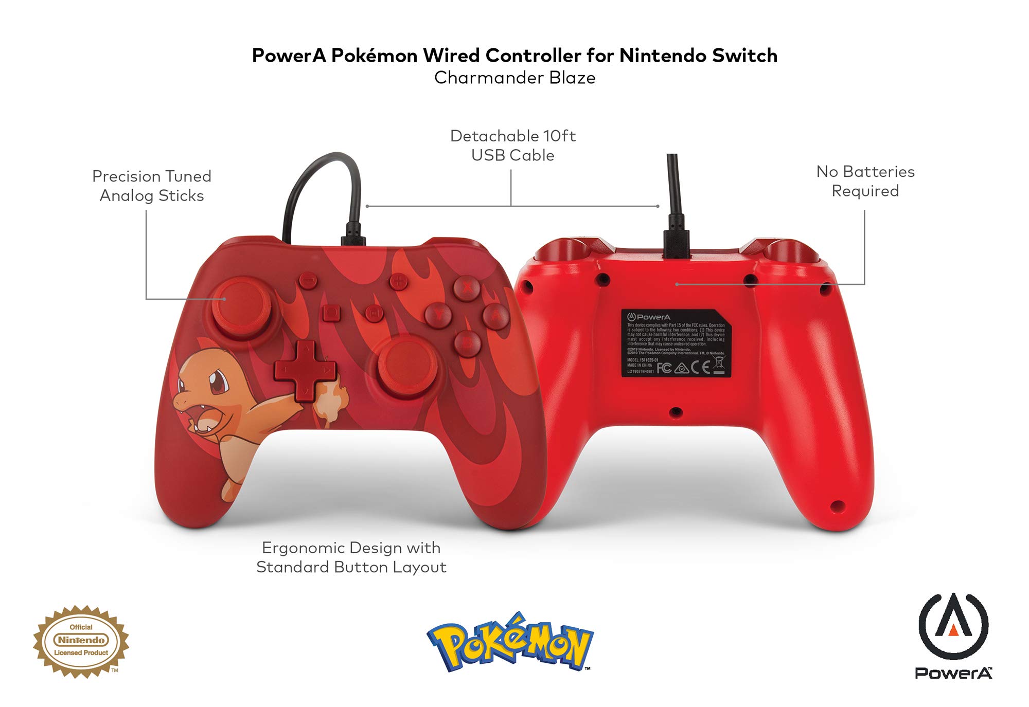 PowerA Wired Controller for Nintendo Switch - Pokémon: Charmander Blaze, Gamepad, Game controller, Wired controller, Officially licensed