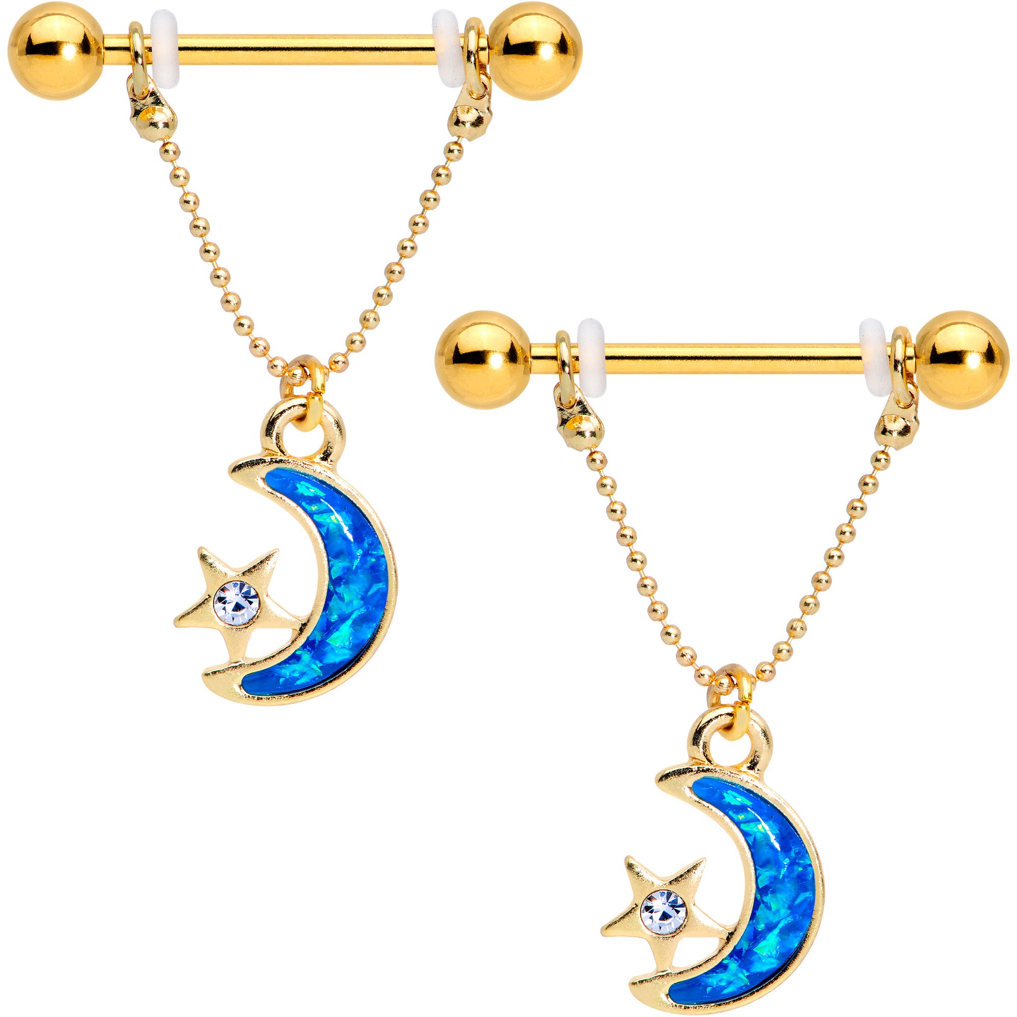 Body Candy Gold PVD Clear Accent Blue Moon Star Dangle Barbell Nipple Ring Set of 2 14 Gauge 9/16"