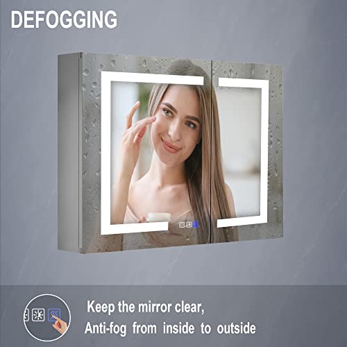 GroGro LED Bathroom Medicine Cabinet with Mirror,30" W x 26" H Lighted Medicine Cabinet,Surface or Recessed Mount,3-Layer Storage Shelves,Medicine Cabinets Can Defog,Dimming,Outlets & USBs