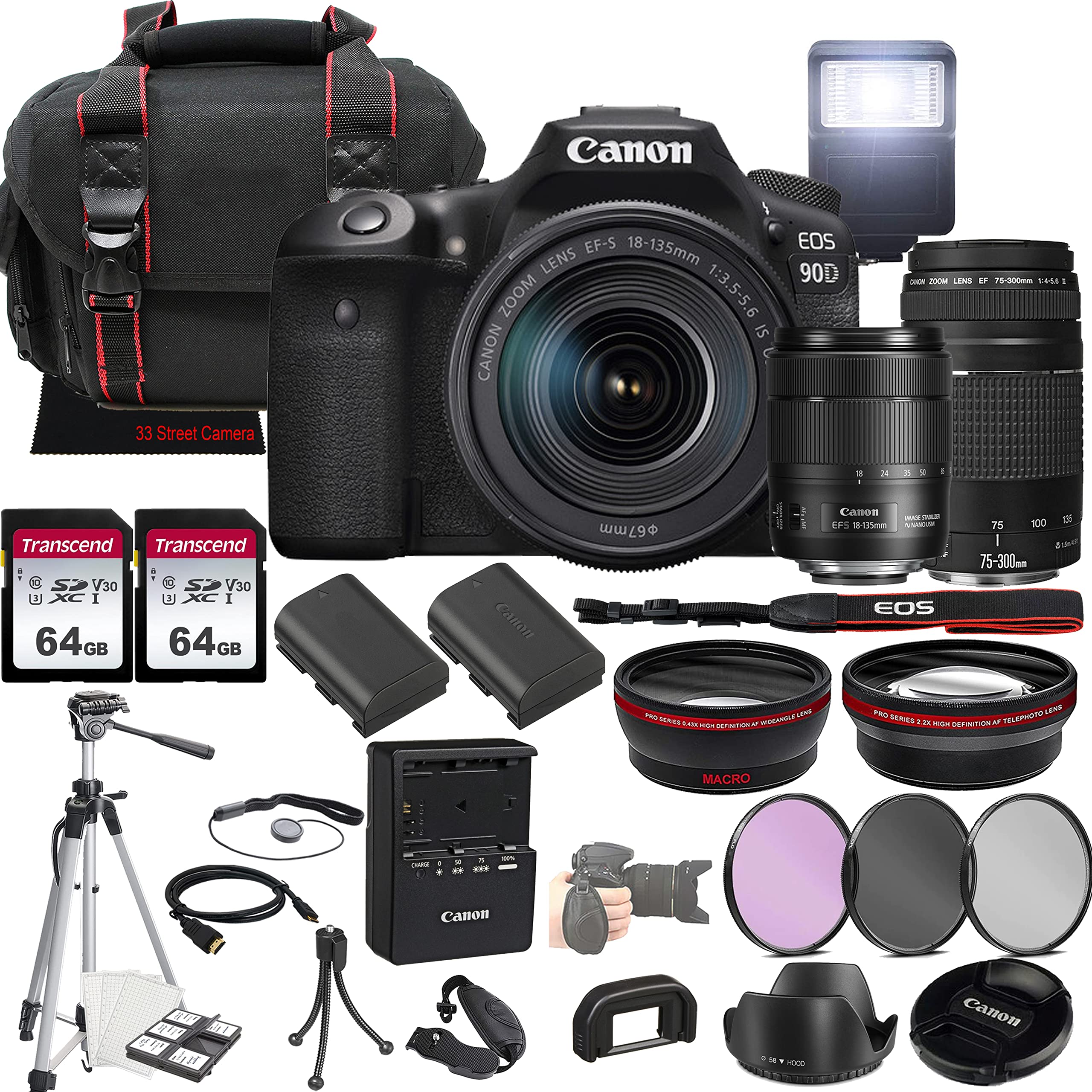 Canon EOS Rebel 90D DSLR Camera w/EF-S 18-135mm f/3.5-5.6 is USM Lens + EF 75-300mm f/4-5.6 III Lens + 2X 64GB Memory + Case + Filters + Tripod + More (35pc Bundle)
