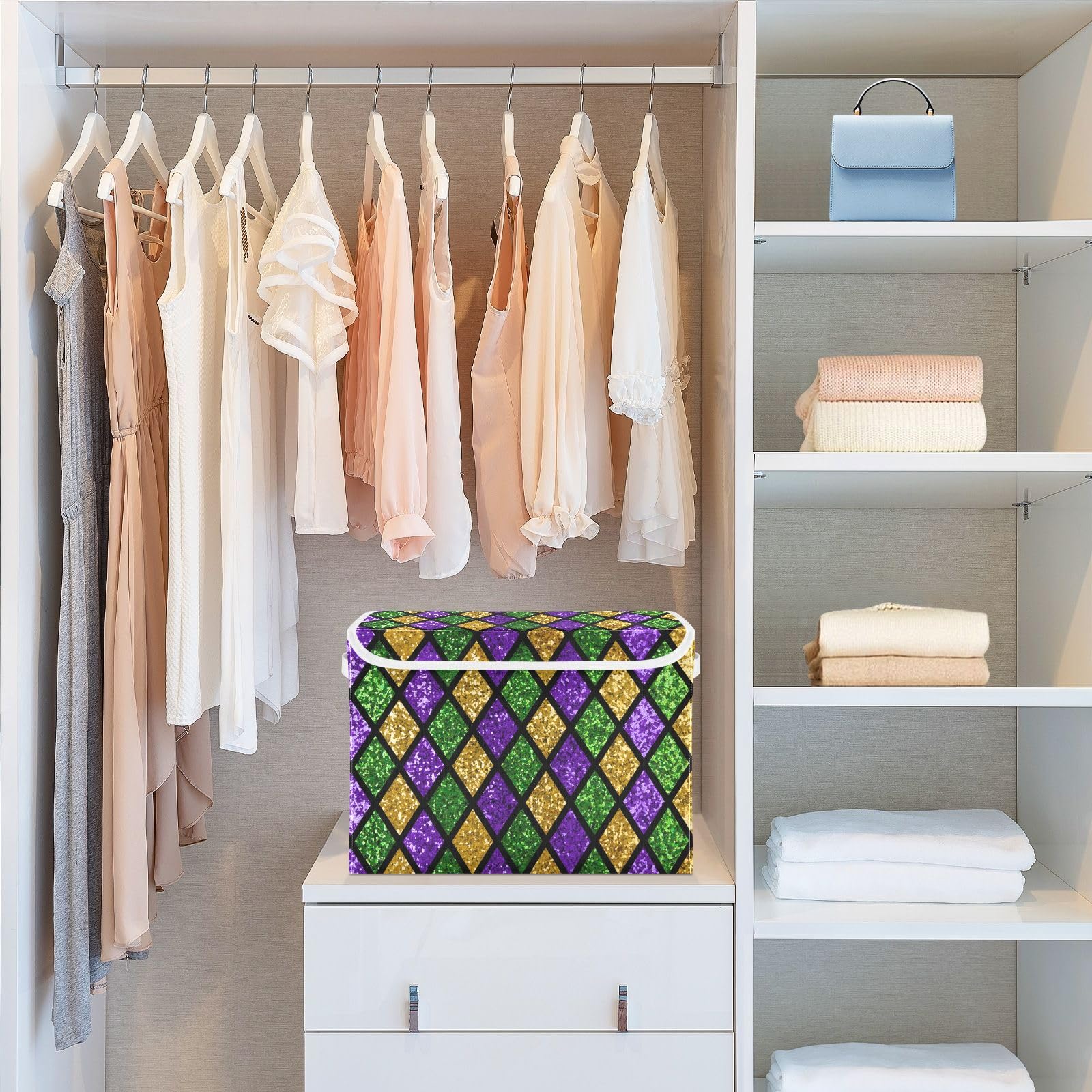 Joisal Shiny Paillettes Fabric Storage Box with Lid Blanket Storage for Closet