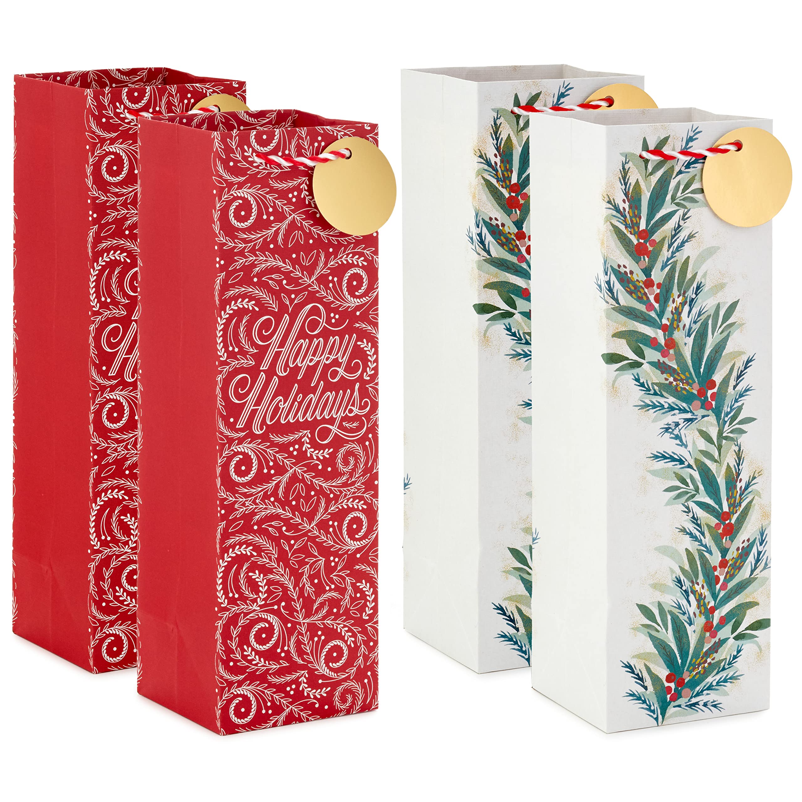 Hallmark Christmas Wine Bottle Gift Bags with Handles and Gift Tags (4 Bags: Red Happy Holidays, Green and White Garland) for Housewarmings, Coworkers, Winter Weddings, Thank You Gifts