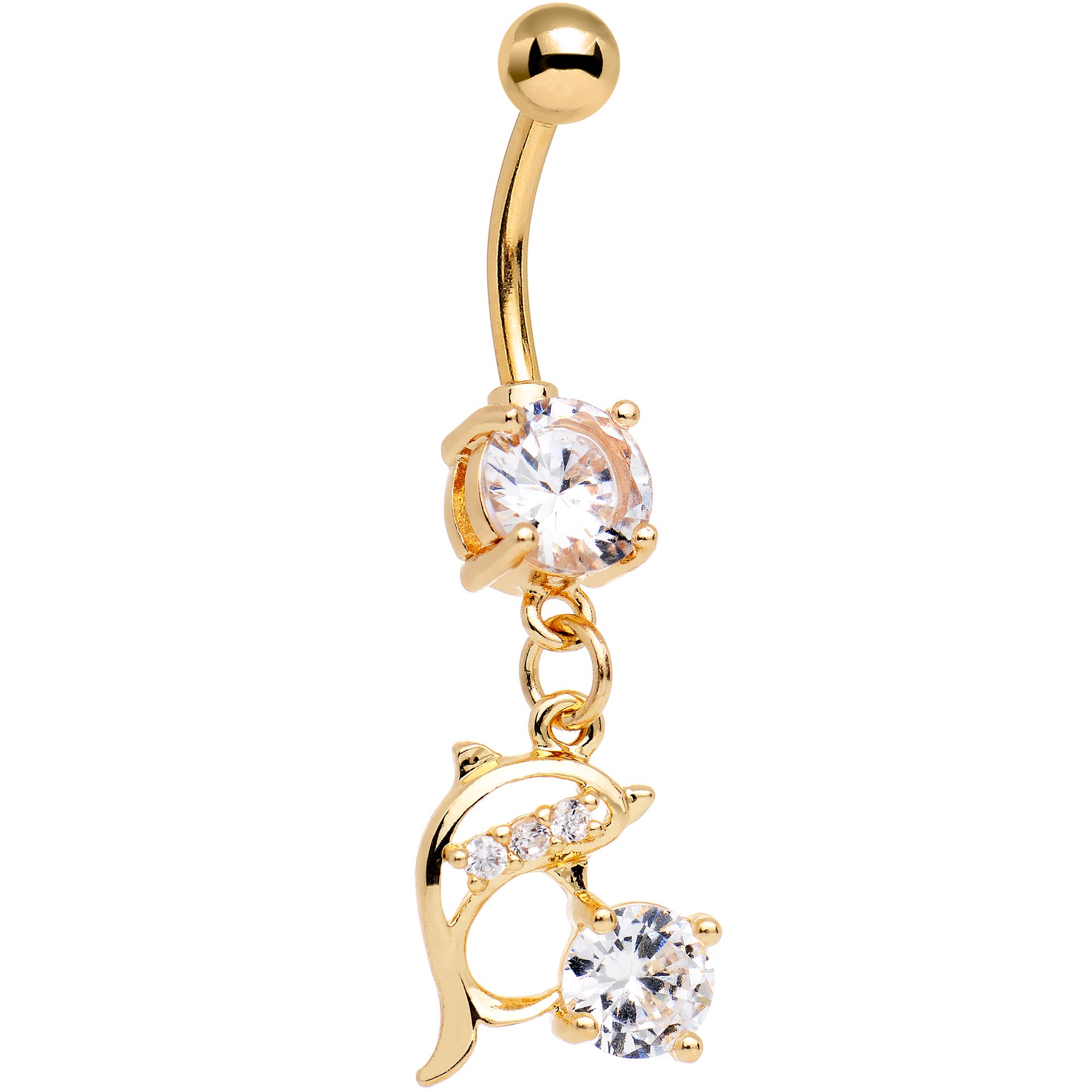 Body Candy Gold PVD Steel Clear Accent Splashing Dolphin Dangle Belly Ring