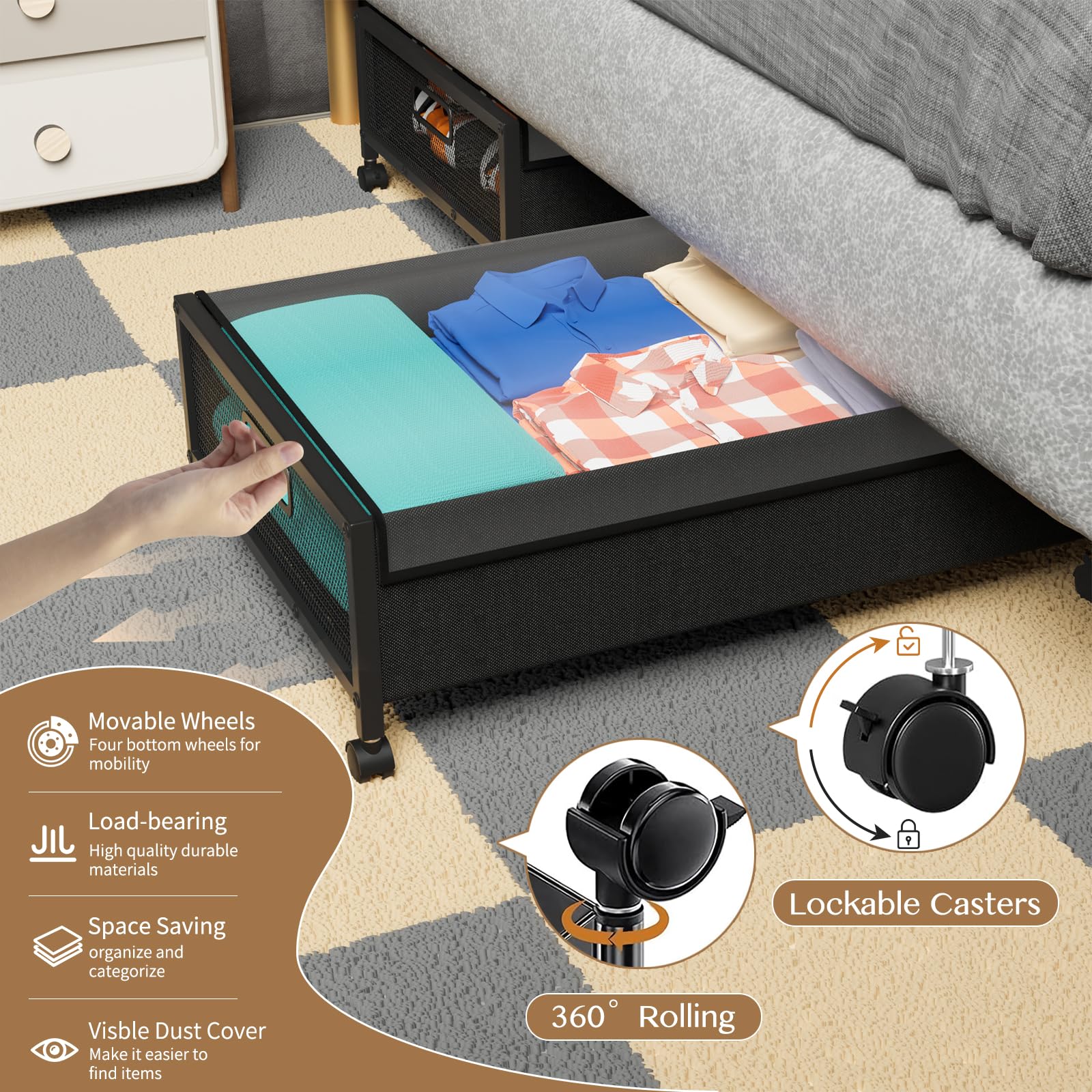Futego Under Bed Storage with Wheels,2 Pack Under bed Storage Containers with Clear Lids,Rolling Underbed Organizer Drawer Bins with Sturdy Handles for Bedroom Closet Clothes Shoes Toys Books Blankets