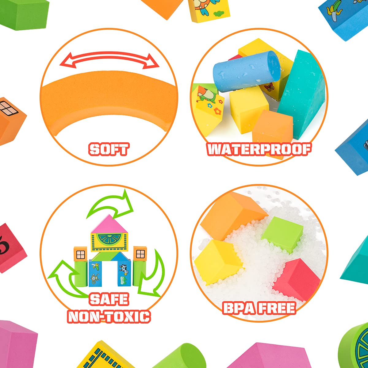 UNIH Foam Building Blocks for Toddler Toy 1-3, Soft Blocks with Number & Cartoon, Colorful Stackable Blocks Toddler Toys for 1 2 3 Year Old Boys Girls Gift