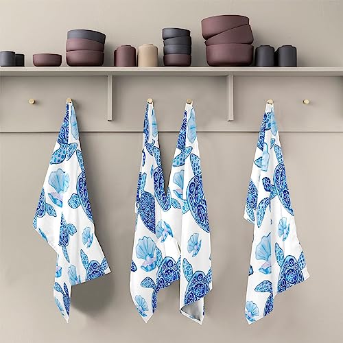 Kigai Kitchen Towels Set of 4, Blue Turtle Shell Highly Absorbent Dish Towels Reusable Cleaning Cloths Washable Tea Towels Hand Towel 28 x 18 Inch