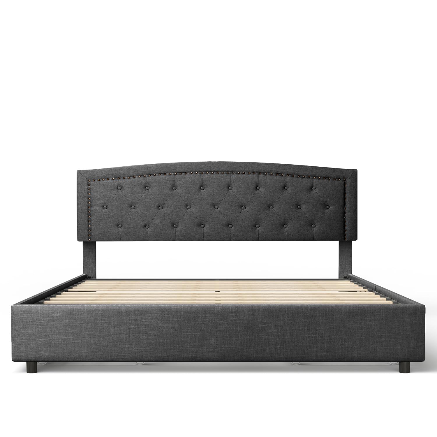 BONSOIR Queen Size Dark Grey Storage Bed Frame Upholstered Low Profile Traditional Platform with Tufted and Nail Headboard