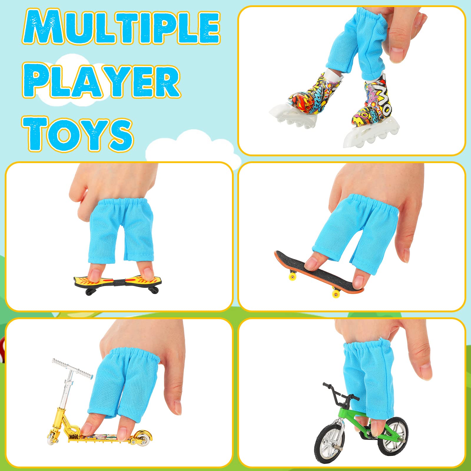 Cindeer 33 Pieces Mini Finger Toys Set Finger Skateboards Bikes Tiny Swing Board Scooters Finger Roller Skating Finger Pants and Matched Wheels Tools Accessories Educational Toys for Party Favors