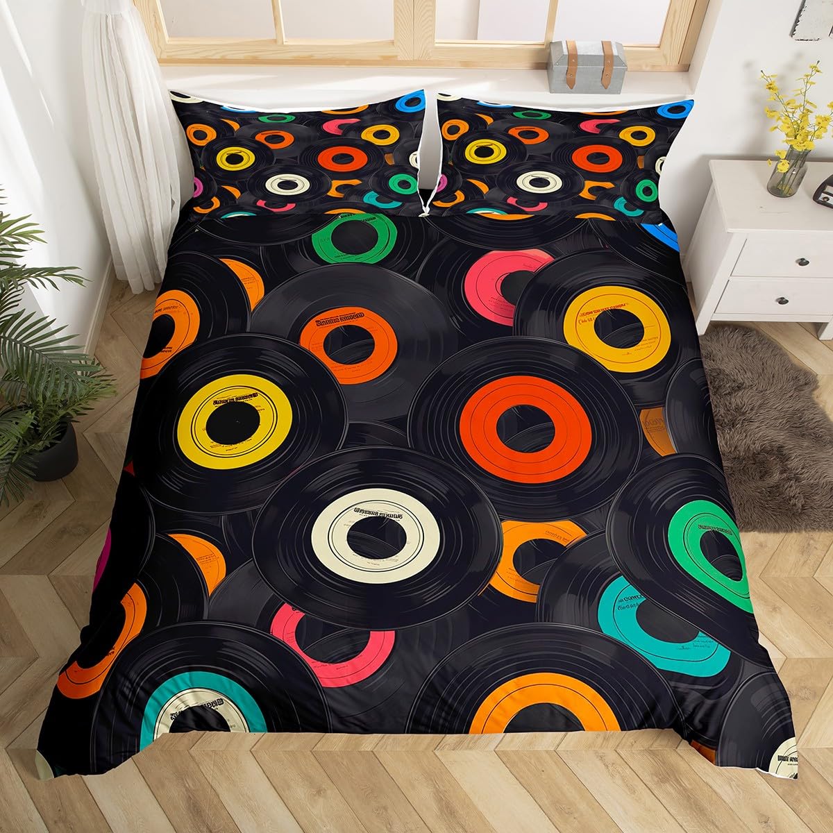 Homewish Musical Theme Comforter Cover Set Colorful Vinyl Records Decor Duvet Cover (No Comforter) with Zipper Ties Soft Microfiber Bedspread Cover (1 Duvet Cover + 2 Pillow Cases) Full Size