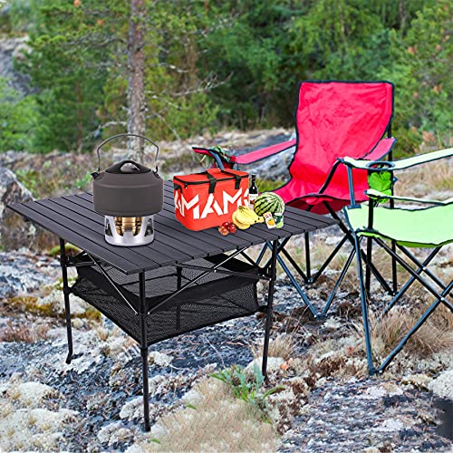 CAMPMOON Aluminum Camping Table Roll Top with Mesh Storage, Folding Lightweight Roll Up Table Square for Outdoor Camping Grill, Black, 34.6X34.6 Inch