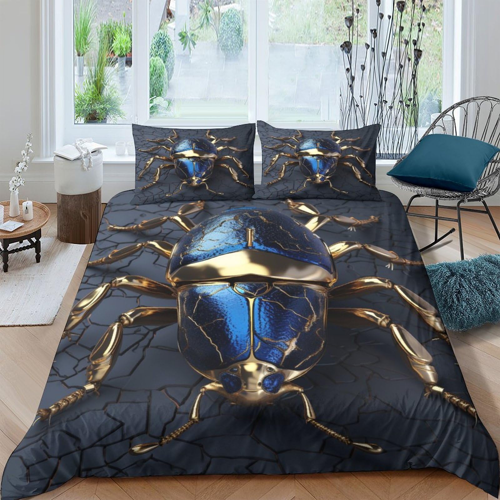 EVMILA Blue Beetle 3D Print Insects Comforter Covers Duvet Cover for Boys Girls Quilt Cover Bedding Set with Zipper Closure with Pillow Cases Soft Microfiber 3 Pieces Twin(173x218cm)
