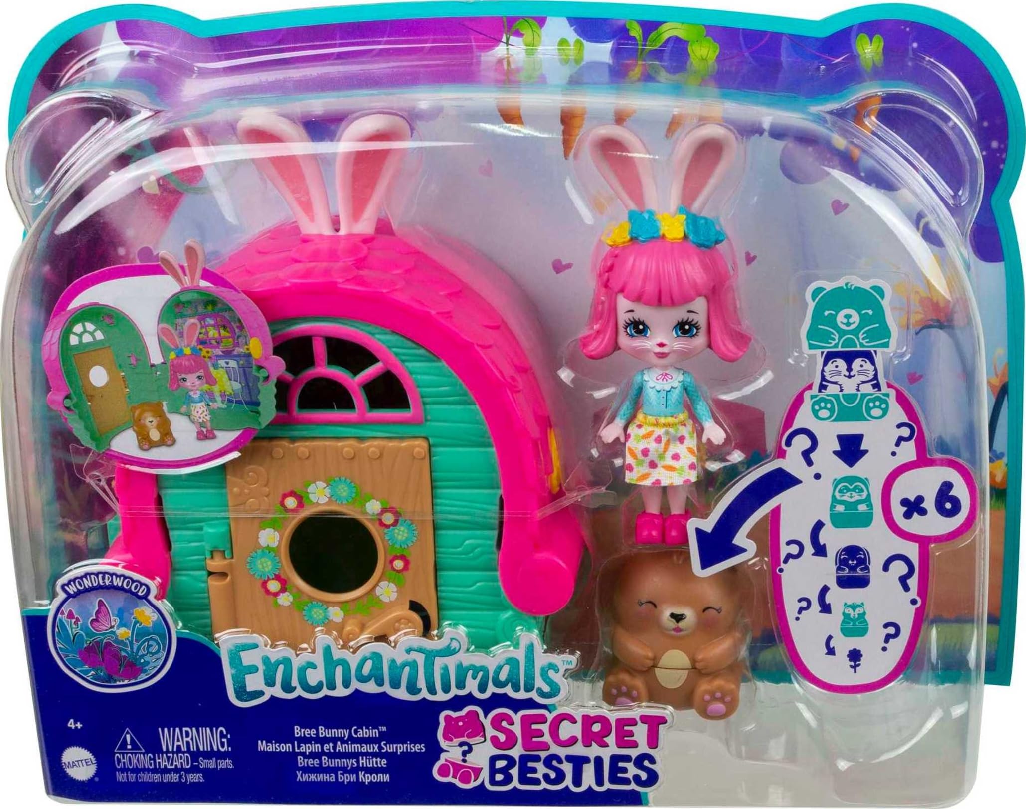 Mattel Enchantimals Secret Besties Cabin Playset with Small Doll House, Bree Bunny Doll (3.5-inch), 5 Nesting Animal Figures & Accessory, Harvest Hills Toy Collection
