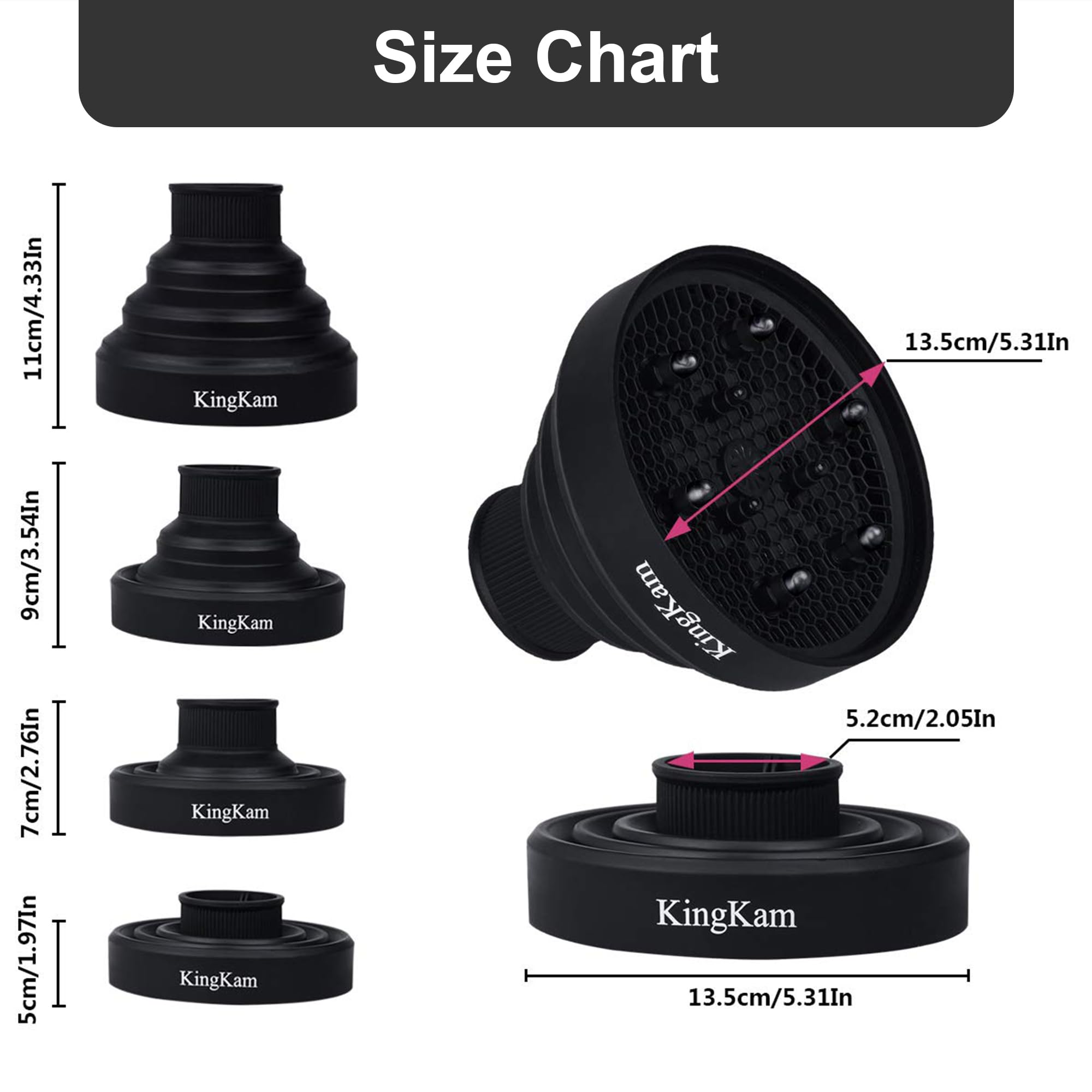 Universal Collapsible Hair Dryer Diffuser - Travel and Easy Storage - KingKam Diffuser Attachment Fit Most Hair Dryers with Nozzle Diameter D-1.575Inch to 1.968 Inch (4-5cm) - Black