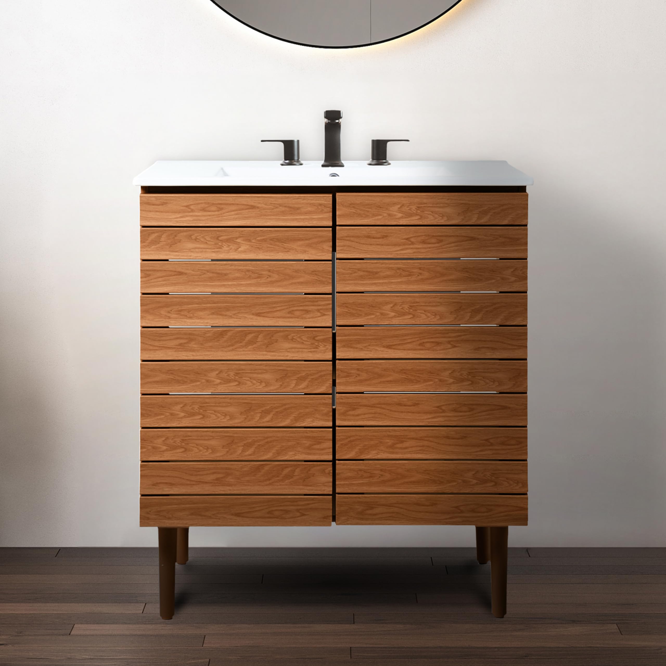 JONATHAN Y VAN1002B Aubert 30 in. W x 18 in. D x 33 in. H Thick Linear Slat Modern Farmhouse 2-Shelf Bath Vanity Cabinet Only (Sink Basin not Included), Walnut