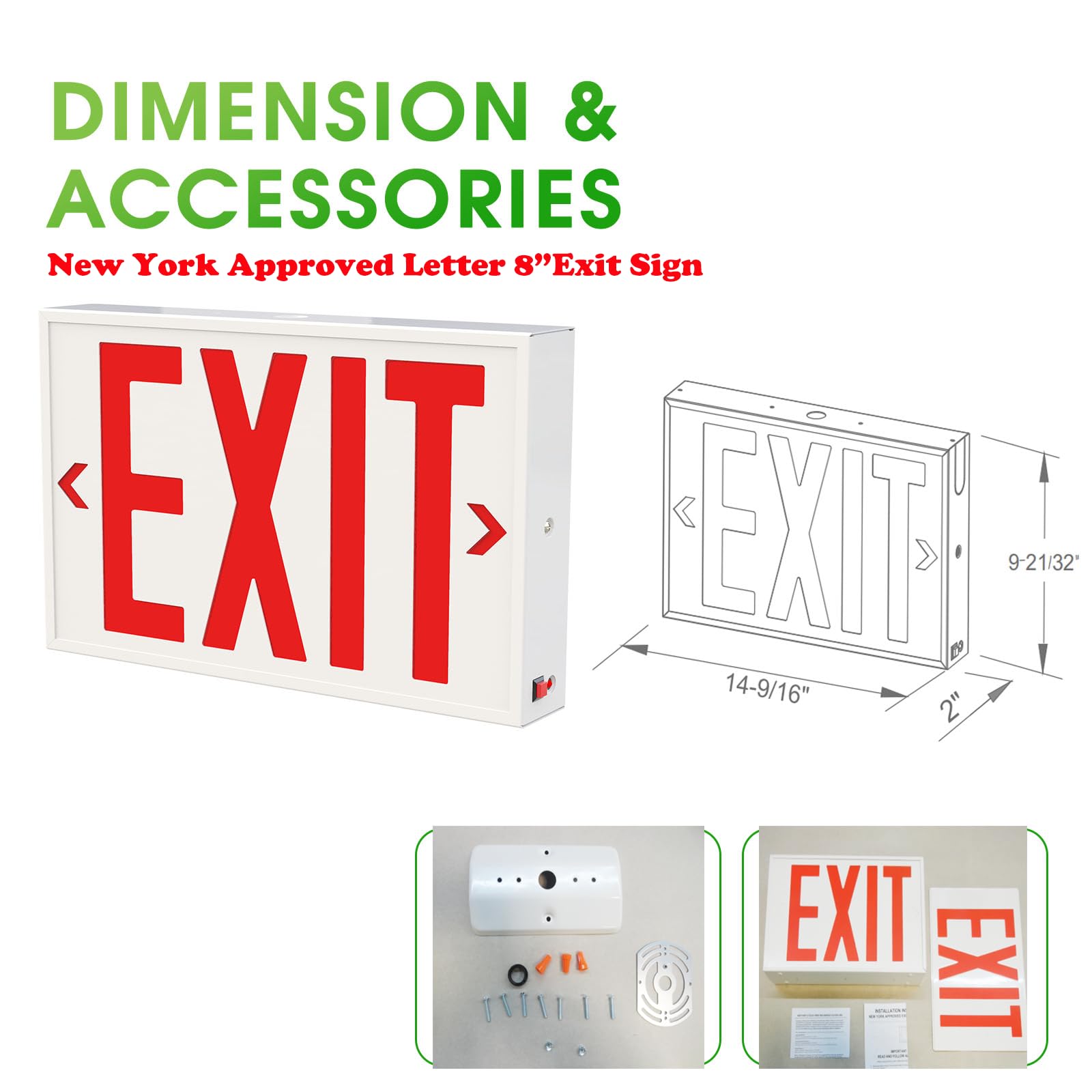 Garrini New York Approved Steel Letter 8" Exit Sign Emergency Light, Steel Housing with Backup Battery,120-277V, Single and Double Faces,Fire Resistant UL Certified NYC-200