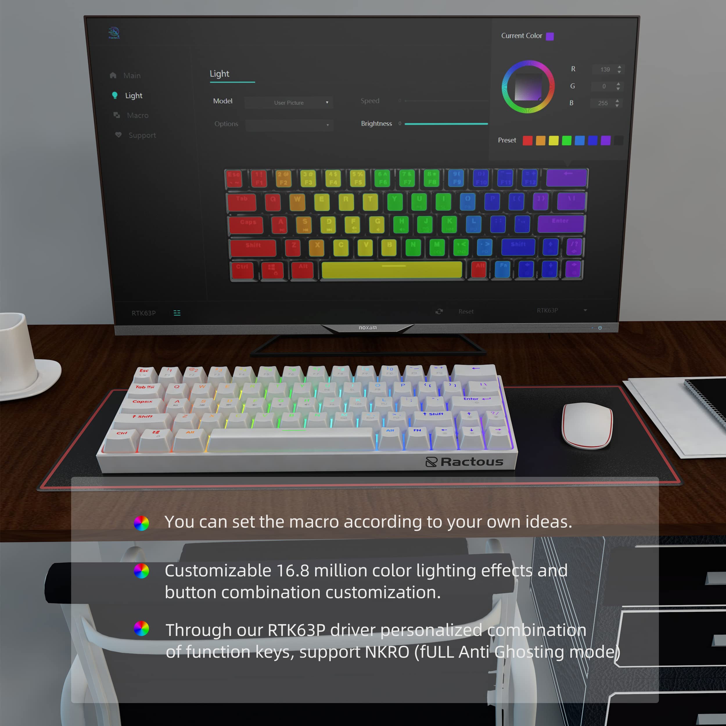 Ractous RTK63P 60% Mechanical Gaming Keyboard RGB Backlit PBT keycaps 63key Ultra-Compact Wired Keyboard Programmable for PC/Mac Gamers,Hot-Swappable Optical Red Switch (White)