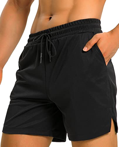 CNRUWE Mens Workout Running Shorts Lightweight Breathable Gym Athletic Shorts 5 inch Inseam Short Men with Zipper Pockets,Black M