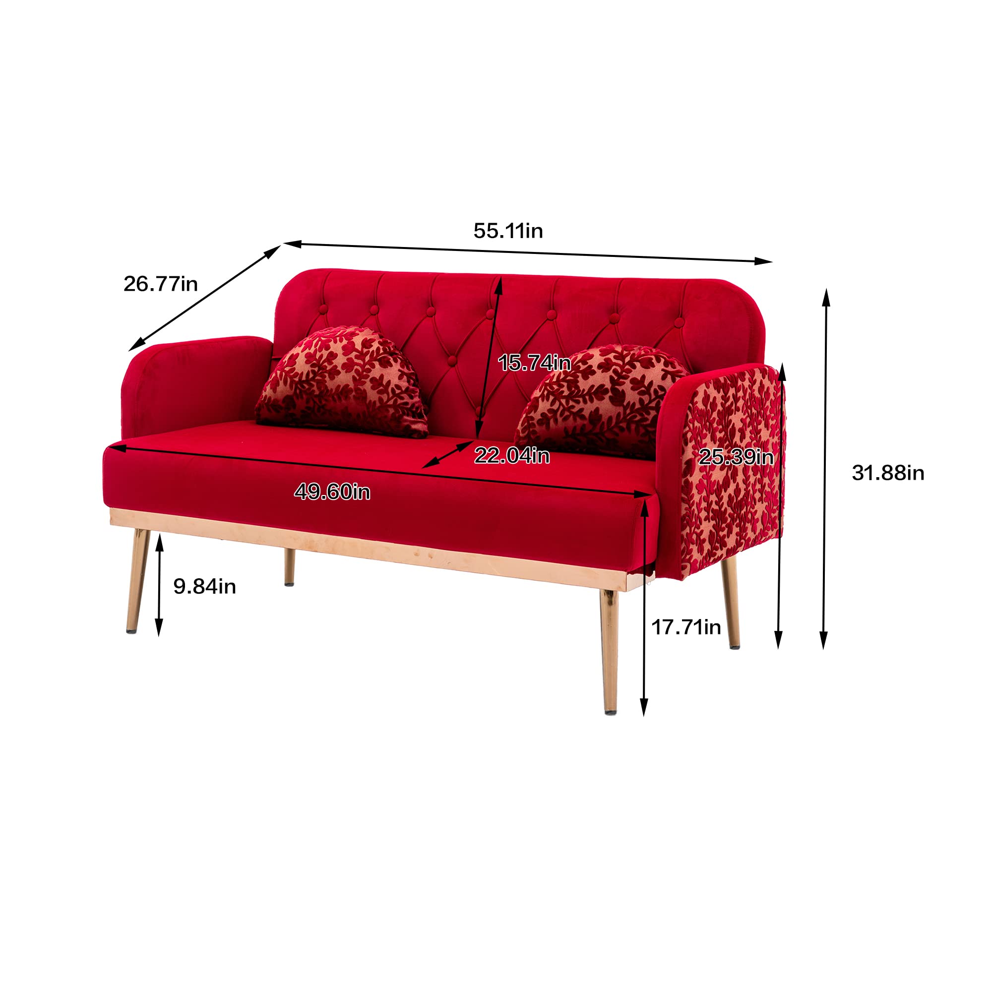HomJoones 55.12" Accent Sofa, Velvet Sofa, Mid Century Modern Velvet Fabric Couch, Recliner Couch Accent Sofa Loveseat Sofa with Gold Metal Feet (Red)