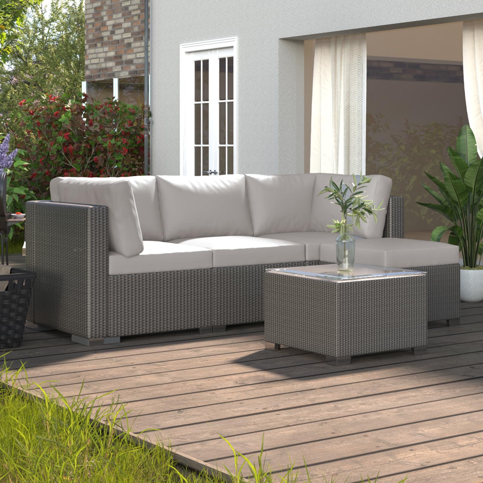GAOMON 5-Piece Outdoor Patio Rattan Wicker Sofa Set, Pe Rattan Conversation Sectional with Thickened Back Cushion, Glass Tabletop, Ottoman - Ideal for Courtyard Space, Light-Grey