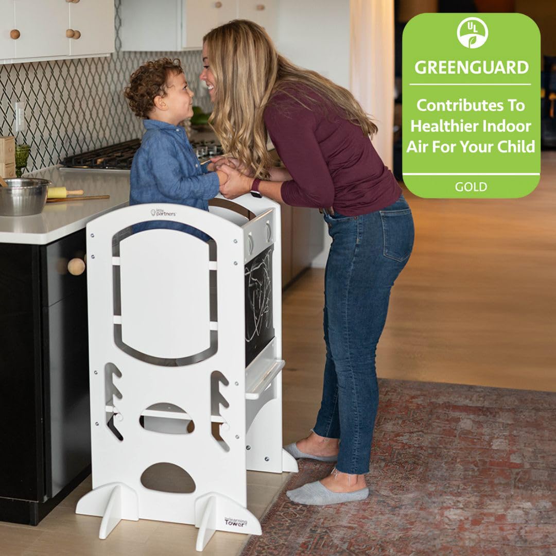 Little Partners Learning Tower Limited Edition Toddler Tower Step Stool Activity Center, Wooden Kids Learning Tower Standing Platform with Adjustable Height, Chalkboard, Safety Rails (Soft White)