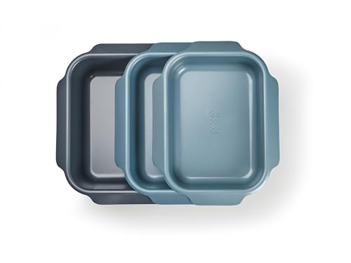 Joseph Joseph Nest Bakeware and Roasting Pan Set of 3, Stackable Oven Trays, Carbon Steel Baking Pans with Non-Stick Coating, Easy-Pull Handles, Organized Kitchen Storage