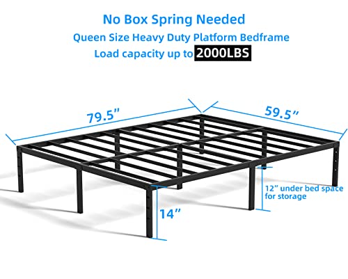 Meberam Queen Size Bed Frame 14 Inch Heavy Duty Metal Platform Bed Mattress Foundation Support No Box Spring Need, Black