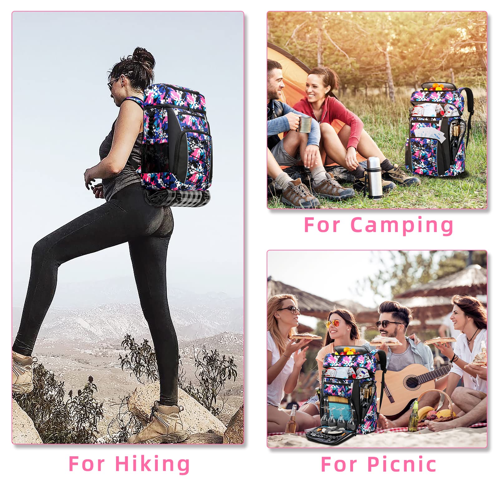 Cooler Backpack with 5 Ice Packs, 45 Cans Insulated Backpack Cooler Bag, Large Picnic Backpack Lunch Bag with Cool/Warm/Tableware Compartments, Leak Proof Cooler Backpack for Men Women, CamoPink