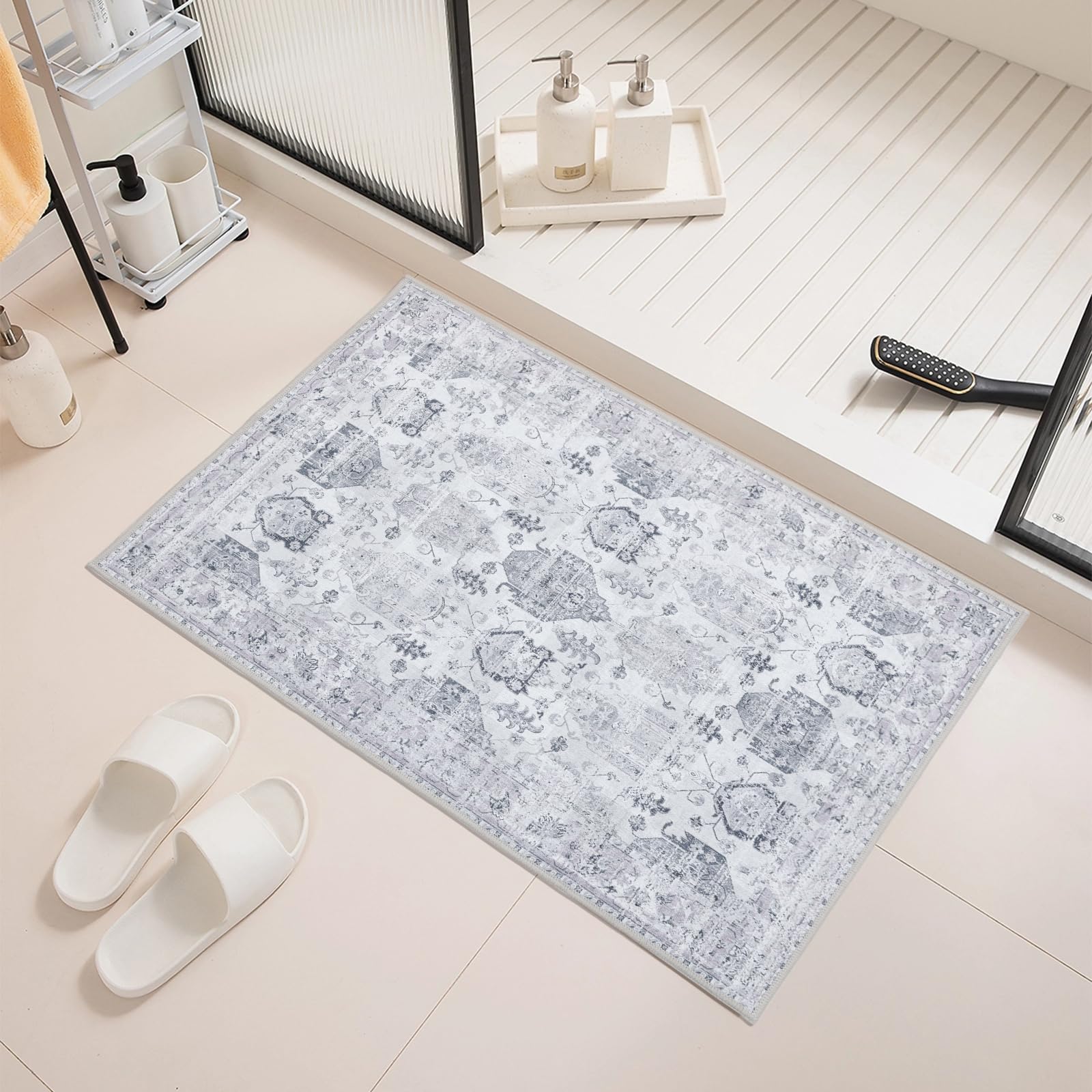 i-VTIES Entryway Area Rug 2’X3’ Indoor Stain Resistant Washable Door Mat Rugs with Non-Slip Rubber Backing,Low-Pile Boho Vintage Distressed Carpet,Printed Rug for Entrance,Kitchen,Bathroom,Gray