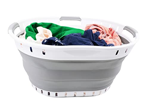 SAMMART 25L (6.6 gallon) Collapsible Plastic Laundry Basket - Foldable Pop Up Storage Container/Organizer - Space Saving Hamper/Basket (White/Grey)