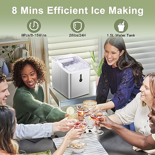 Ice Makers Countertop,Protable Ice Maker Machine with Ice Scoop and Ice Basket,26lbs/24H,9 Bullet Cubes Ready in 8 Mins,for Home/Kitchen/Camping/RV.(Silver)