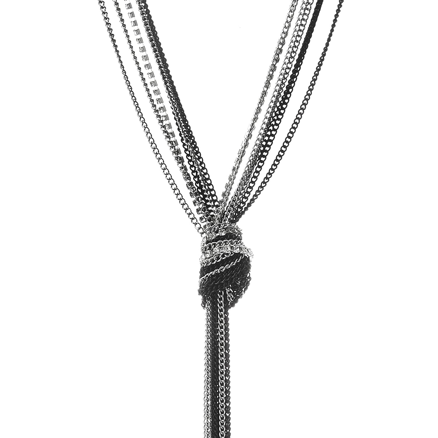 COOLSTEELANDBEYOND Chic Silver Black Lariat Necklace Tassel Pendant with Rhinestones, Multi-strand Long Chains Y-Shape