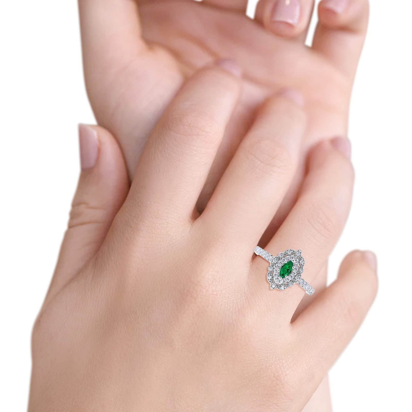 Blue Apple Co. Simulated Green Emerald CZ Size-6 Vintage Style Art Deco Marquise Wedding Engagement Bridal Ring Round Simulated Cubic Zirconia 925 Sterling Silver