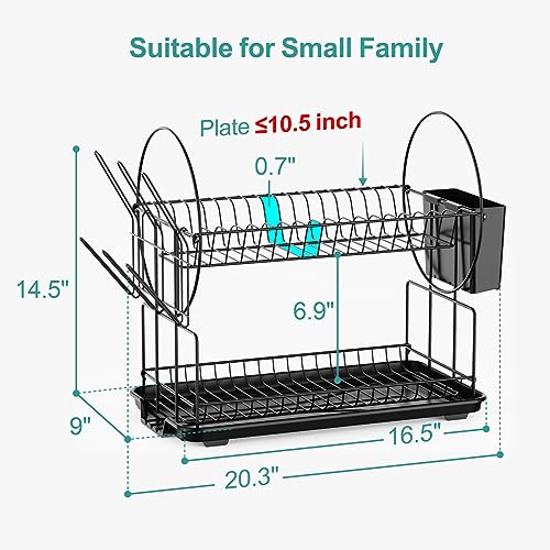 iSPECLE Dish Drying Rack - 2 Tier Small Dish Racks for Kitchen Counter with Glass Holder, Utensil Holder and Drainboard, Small Dish Dryer Rack, Multifunctional Dish Drainer, Black