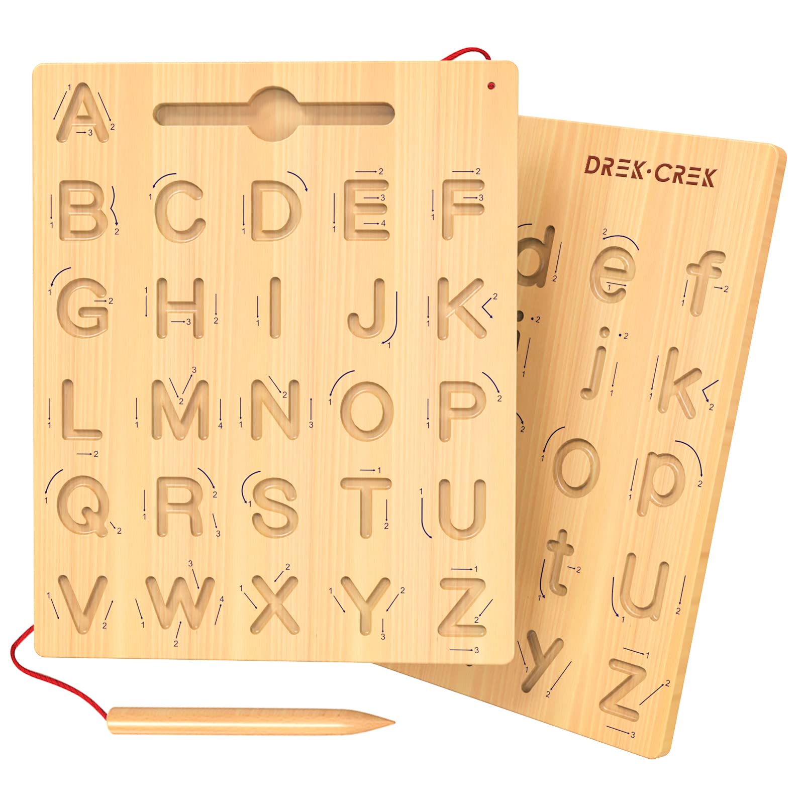 Drek Crek Wooden Letters Practicing Board, Wooden Alphabet Tracing Board Double-Sided Toddlers and Preschool Learning Toys Learning to Write ABC for Kids Ages 3-5