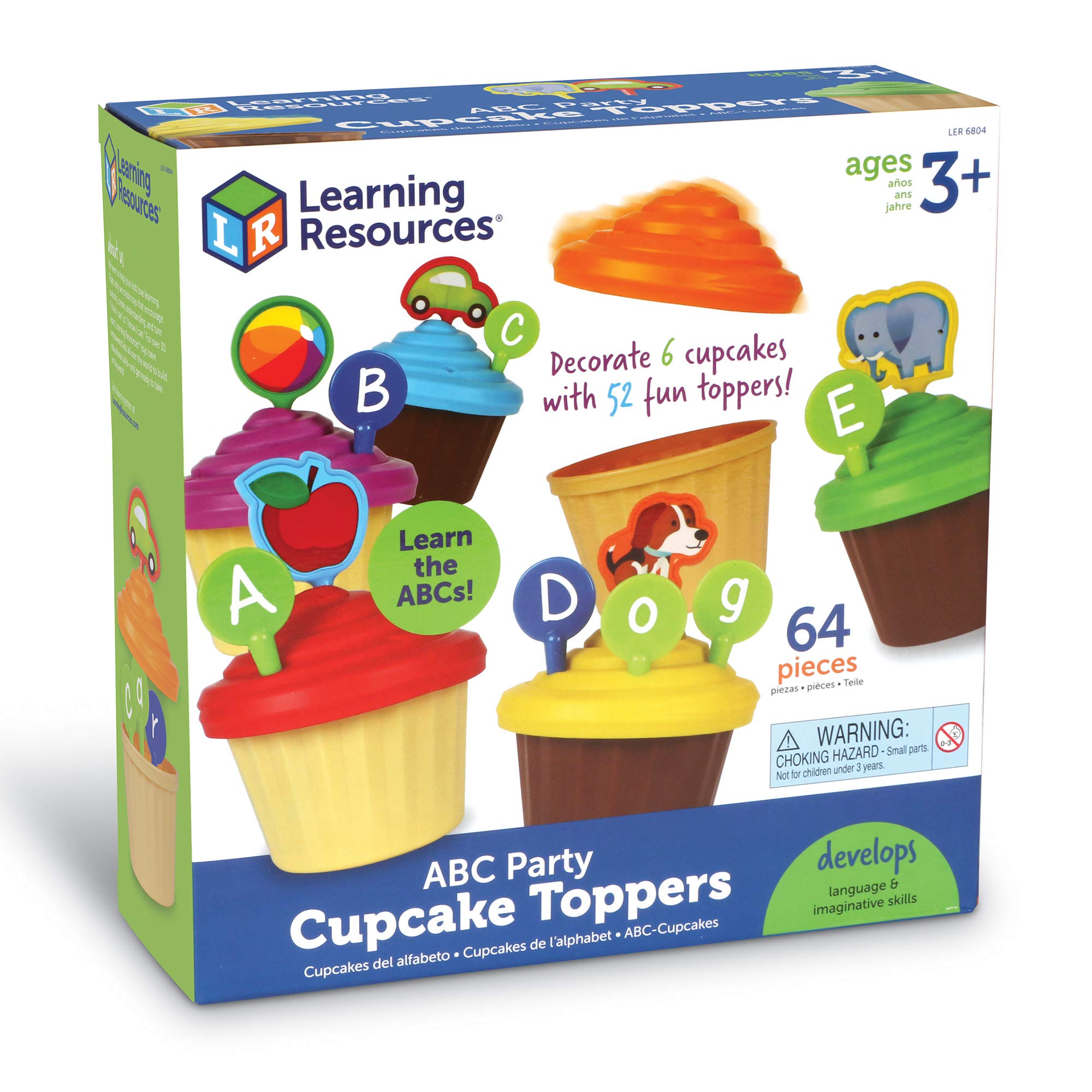 Learning Resources ABC Cupcake Party Toppers, Develops Language Skills, Early Alphabet Learning, Pretend Play Food, Vocabulary Toy, 64 pieces, Ages 3+