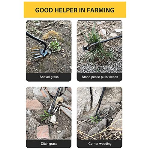 Weeding Artifact Uprooting Weeding Tool, Manganese Steel Multifunctional Weeder, Hand Weeder Tool, 4 Teeth Stand Up Weed Puller Tool with Handle for Garden Yard Farm Weed Removal (11in, Wood Handle)