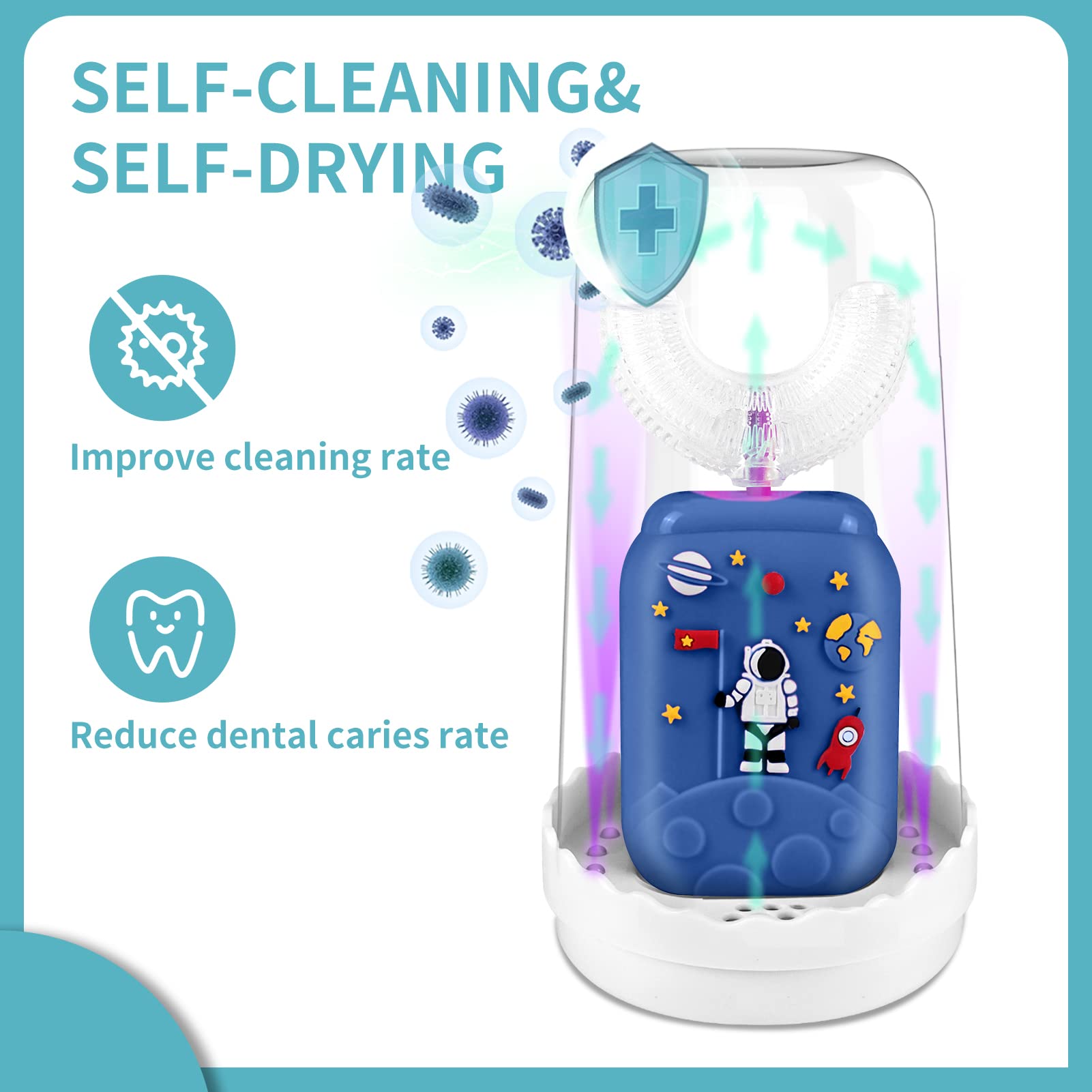 Kids U Shaped Toothbrush, Kids Automatic Toothbrush with 3 Brush Heads, 360 Ultrasonic Automatic Toothbrush Kids with 5 Modes, Ipx7 Waterproof Whole Mouth Toothbrush with Smart Timer