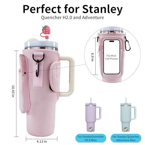 GUTAROR Water Bottle Carrier Bag Compatible with Stanley 30 40oz Tumbler with Handle, Water Bottle Holder with Adjustable Shoulder Strap 2 Straw Covers for Hiking Travelling Camping (Rose Quartz)