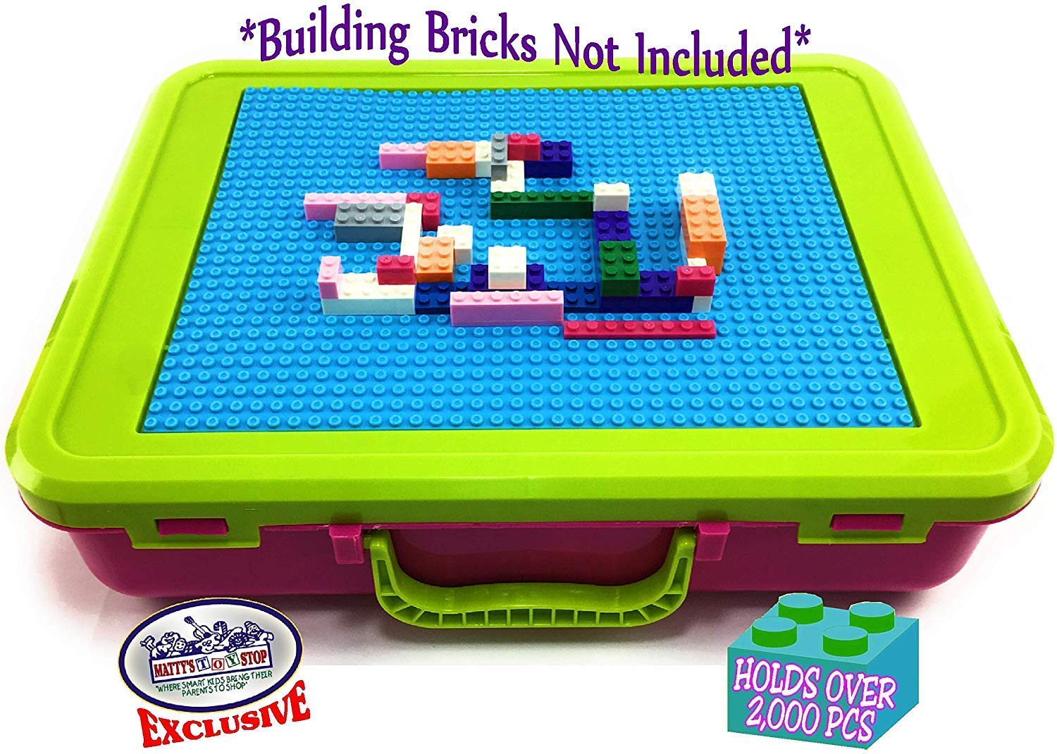 Matty's Toy Stop Brik-Kase 2.0 Travel, Building, Storage & Organizer Container Case with Building Plate Lid (Holds Approx 2000pcs) - Compatible with All Major Brands (Pink, Lime & Aqua)