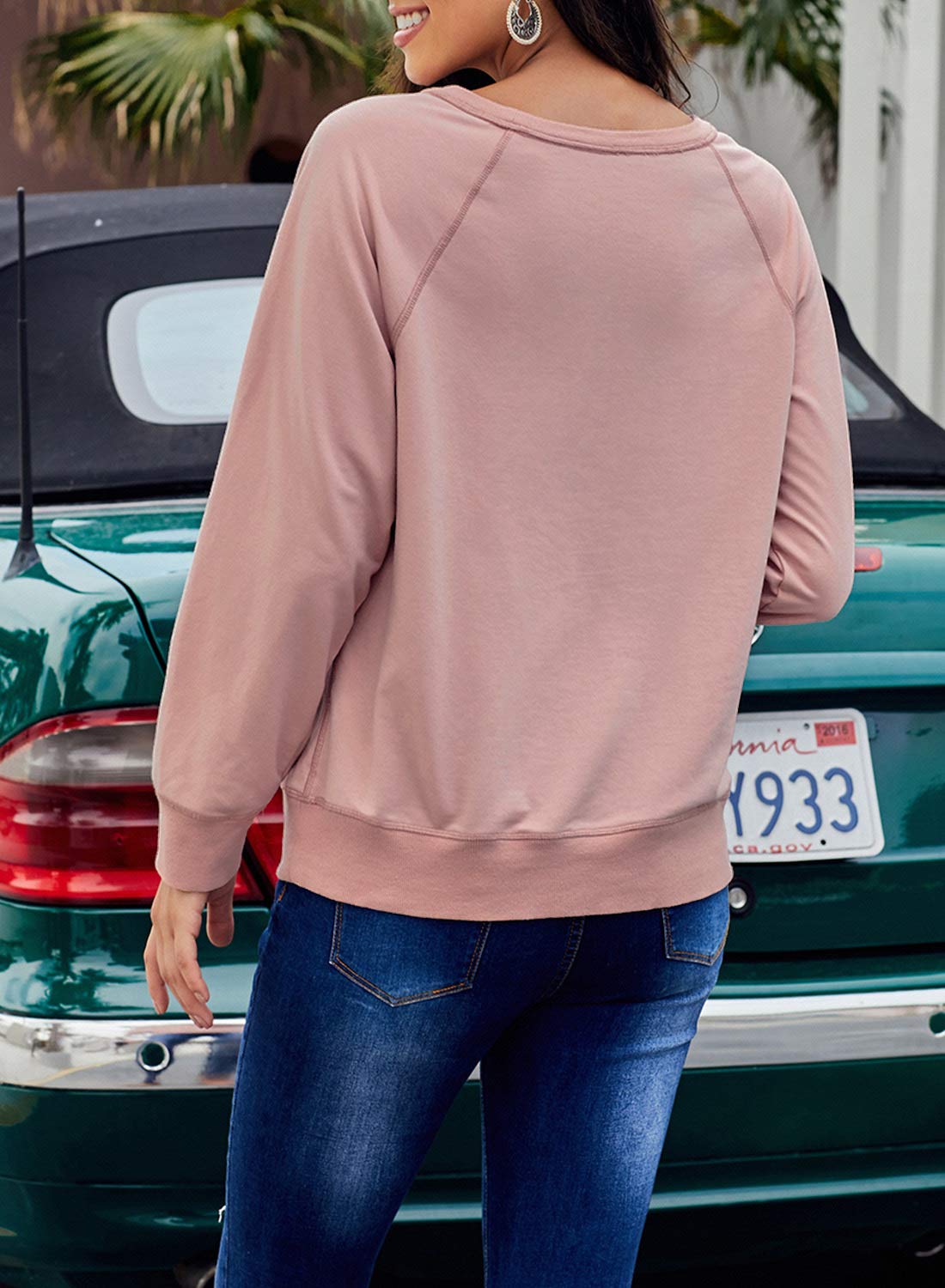 Canikat Womens Autumn Ladies Loose Fit Crewneck Ribbed Raglan Long Sleeve Casual Solid Tops Blouses Fashion T-Shirts Thin Pullovers Sweatshirt Pink M