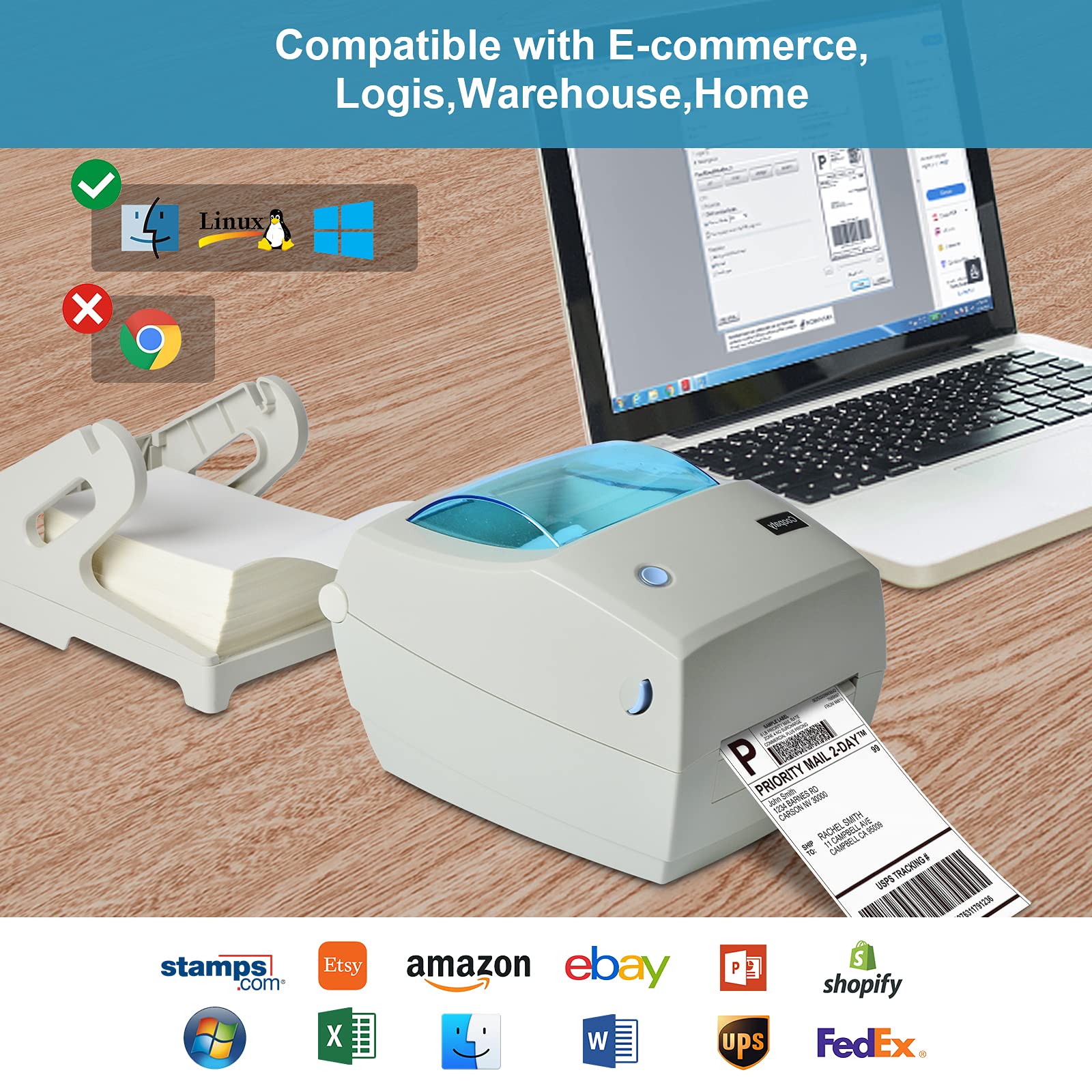Coopaty Label Printer for Amazon, Ebay, USPS, FedEx, High-Speed 4x6 Direct Thermal Label Printer, Easy Setup on Windows/Mac with USB, Barcode Printing Maker