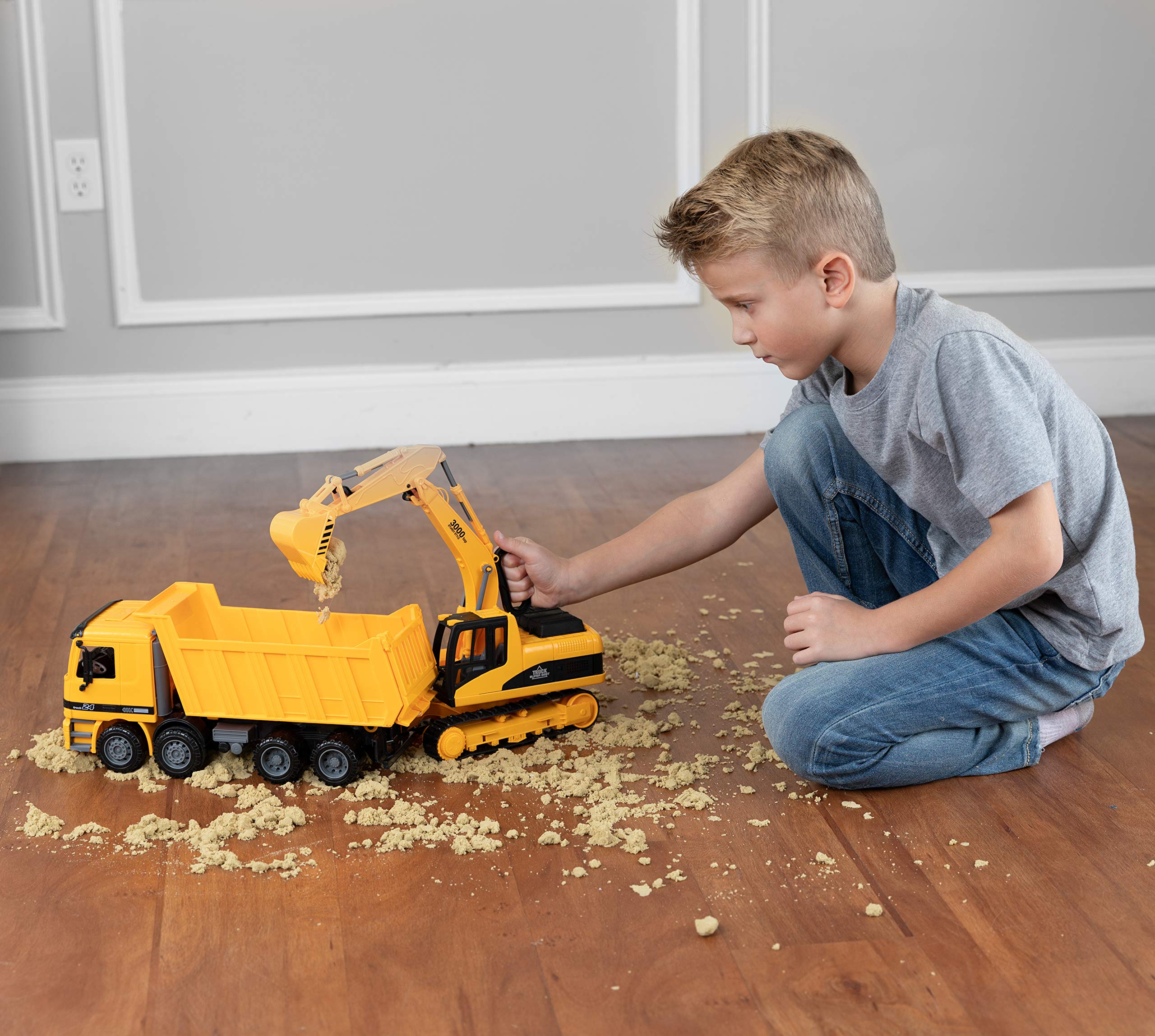 Toy To Enjoy Excavator & Dump Truck Toy for Kids (Set of 3) with 1.1 LB Play Sand – Moveable Claw & Lifting Back – Garbage Truck & Bulldozer Digger – Construction Vehicle for Kids & Children