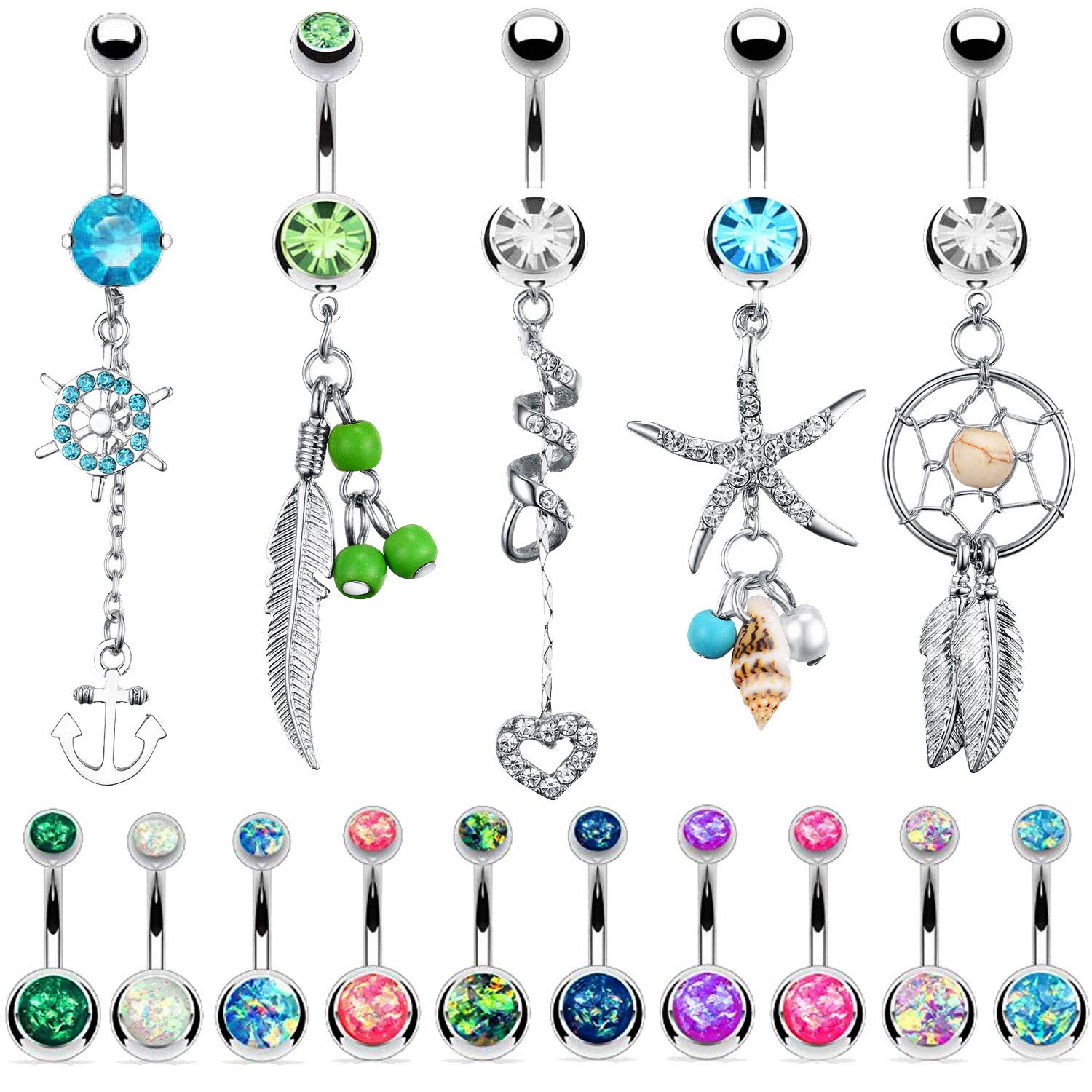 BodyJ4You 15 Belly Button Rings Dangle Barbells 14G Steel Created-Opal Navel Body Jewelry