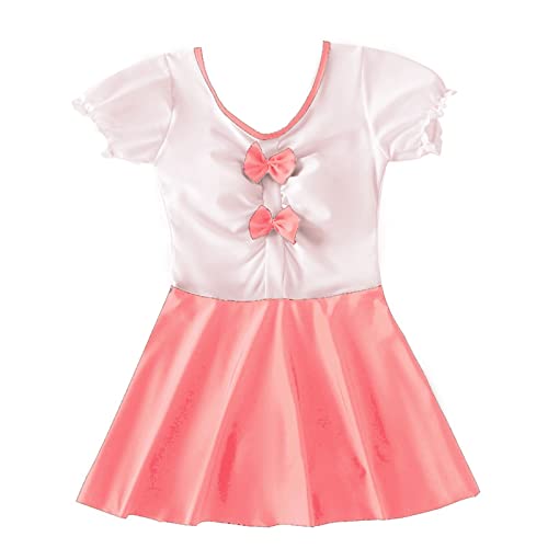 MEIBAN Girls Swimsuit 1 Piece Puff Sleeves Dress Swimwear Bathing Suit 7 to 18 Years Girls Racing (Orange, 12-14 Years)