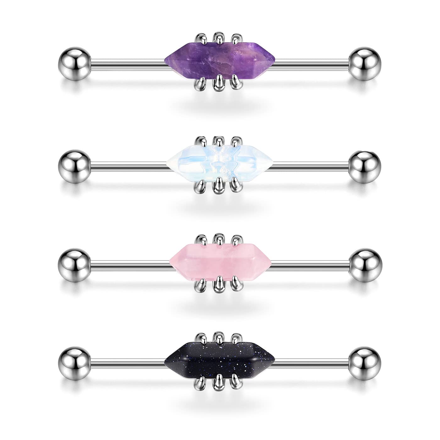 BOPREINA 4pcs 14G Industrial Piercing Bars Stainless Steel 38mm Barbell Cartilage Earring Natural Stone Barbell Body Piercing Jewellery