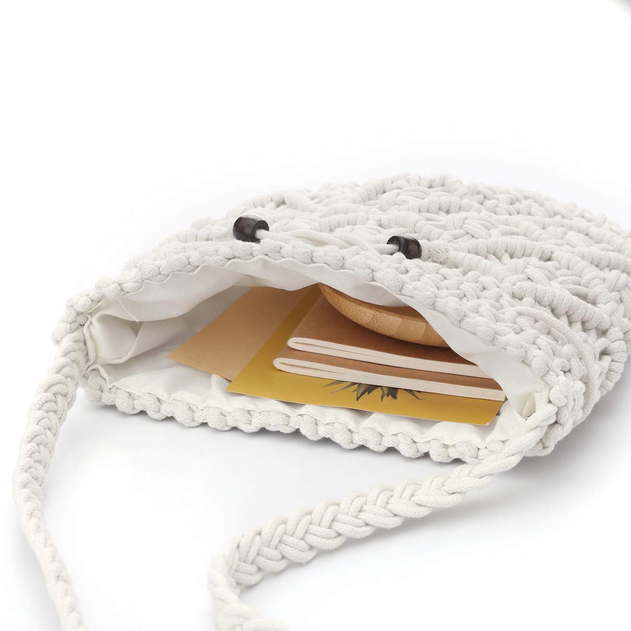 CHIC DIARY Women Cotton Crochet Crossbody Bag Handmade Woven Beach Bohemian Shoulder Purse (White)