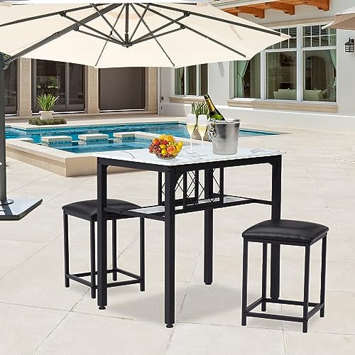 Kinfant 3 Pcs Bar Dining Table and Chairs Set with Faux Marble Tabletop - 2 Chairs, Contemporary Dining Table Set with Wine Rack for Home, Hotel, Dining Room, Kitchen or Bar, White & Black